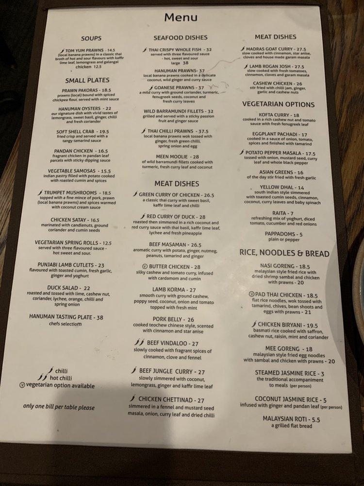 Menu at Hanuman restaurant, Alice Springs, 82 Barrett Dr