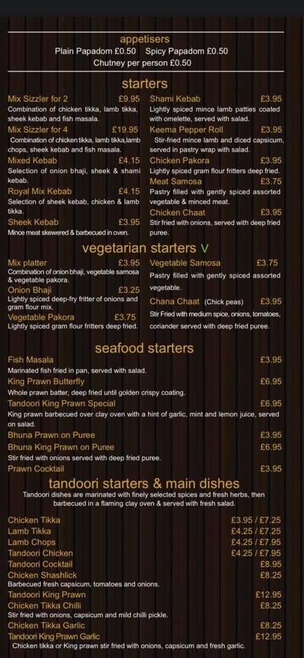 Menu at Haworth Tandoori restaurant, Haworth