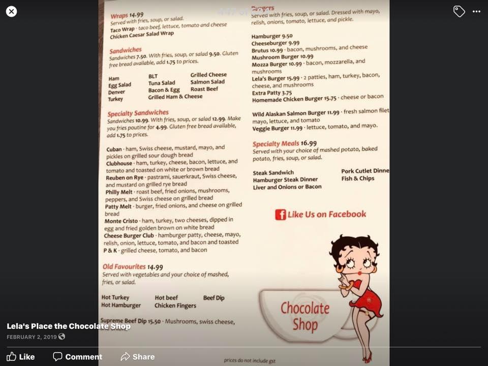 Menu at Chocolate Shop restaurant, Medicine Hat