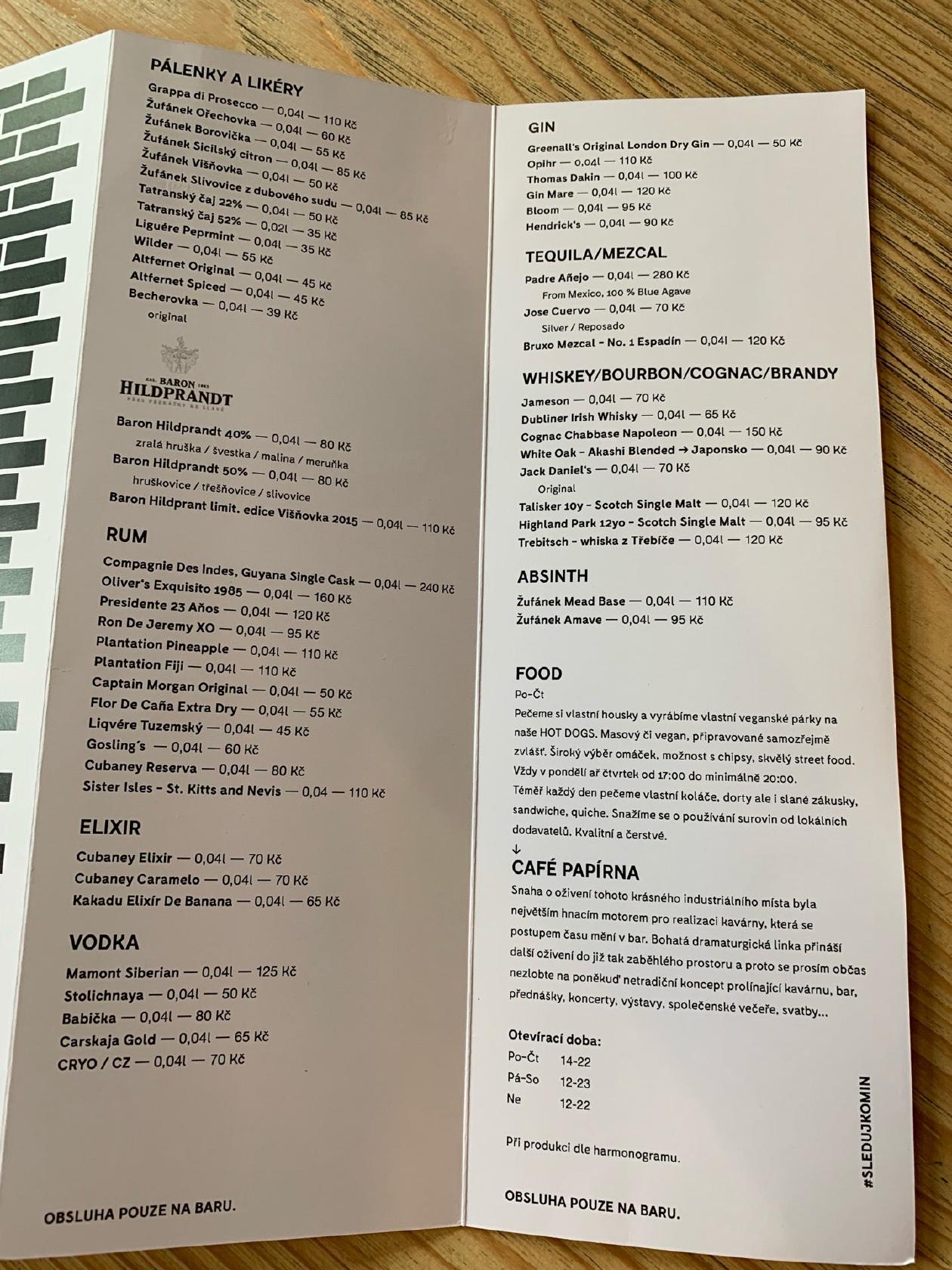 Carta del café Papírna Plzeň, Pilsen