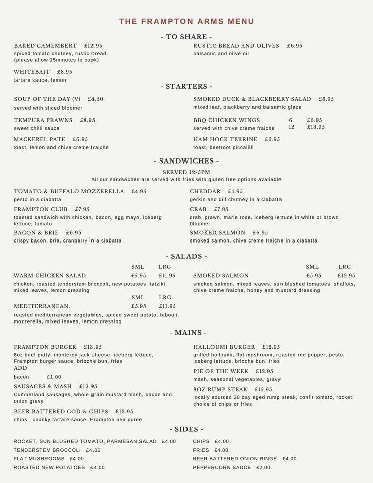 Menu at The Frampton Arms pub & bar, Moreton