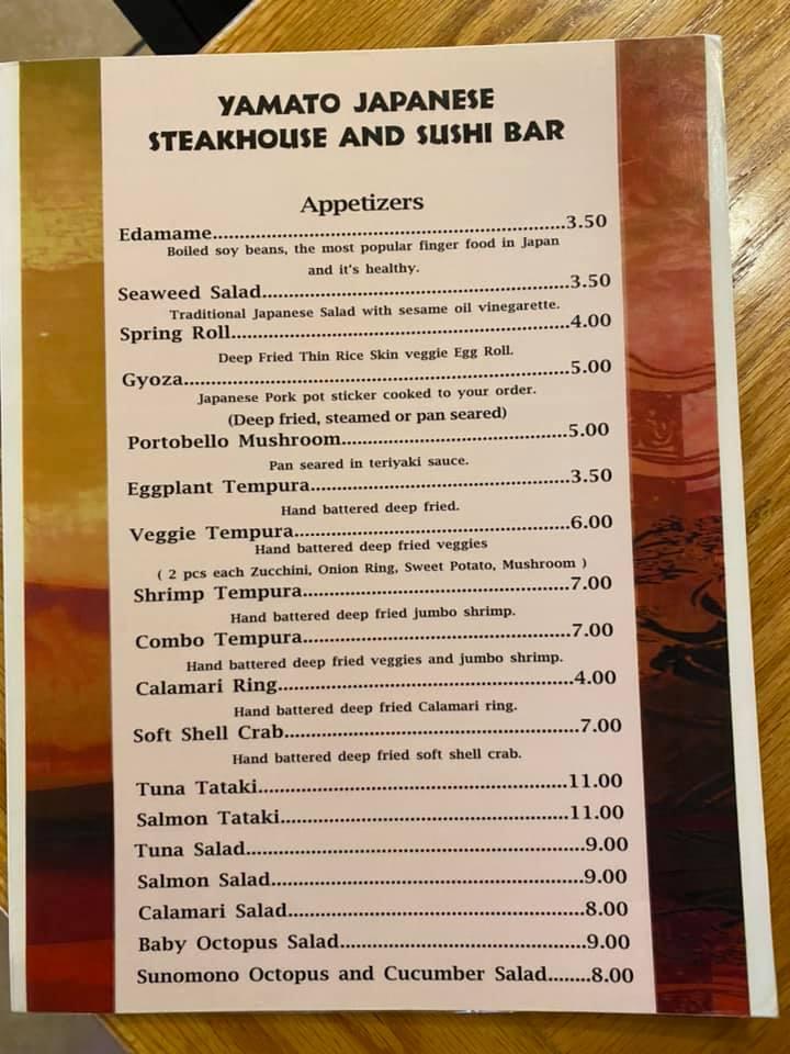 Menu at Yamato Japanese Restaurant, Lake City