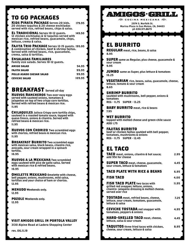 Menu at Amigos Grill Cocina Mexicana restaurant, San Mateo