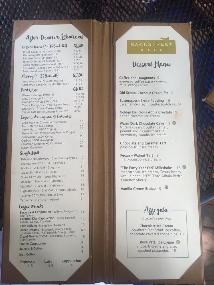 Carta de Backstreet Cafe, Houston