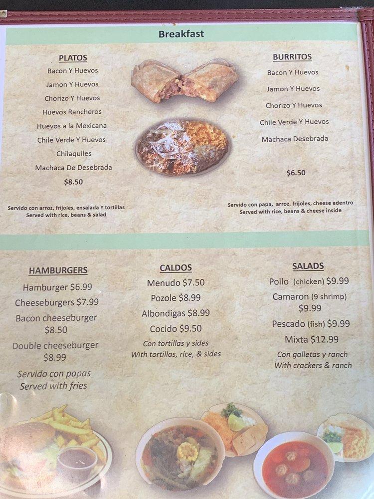 Menu at Colima restaurant, Parlier