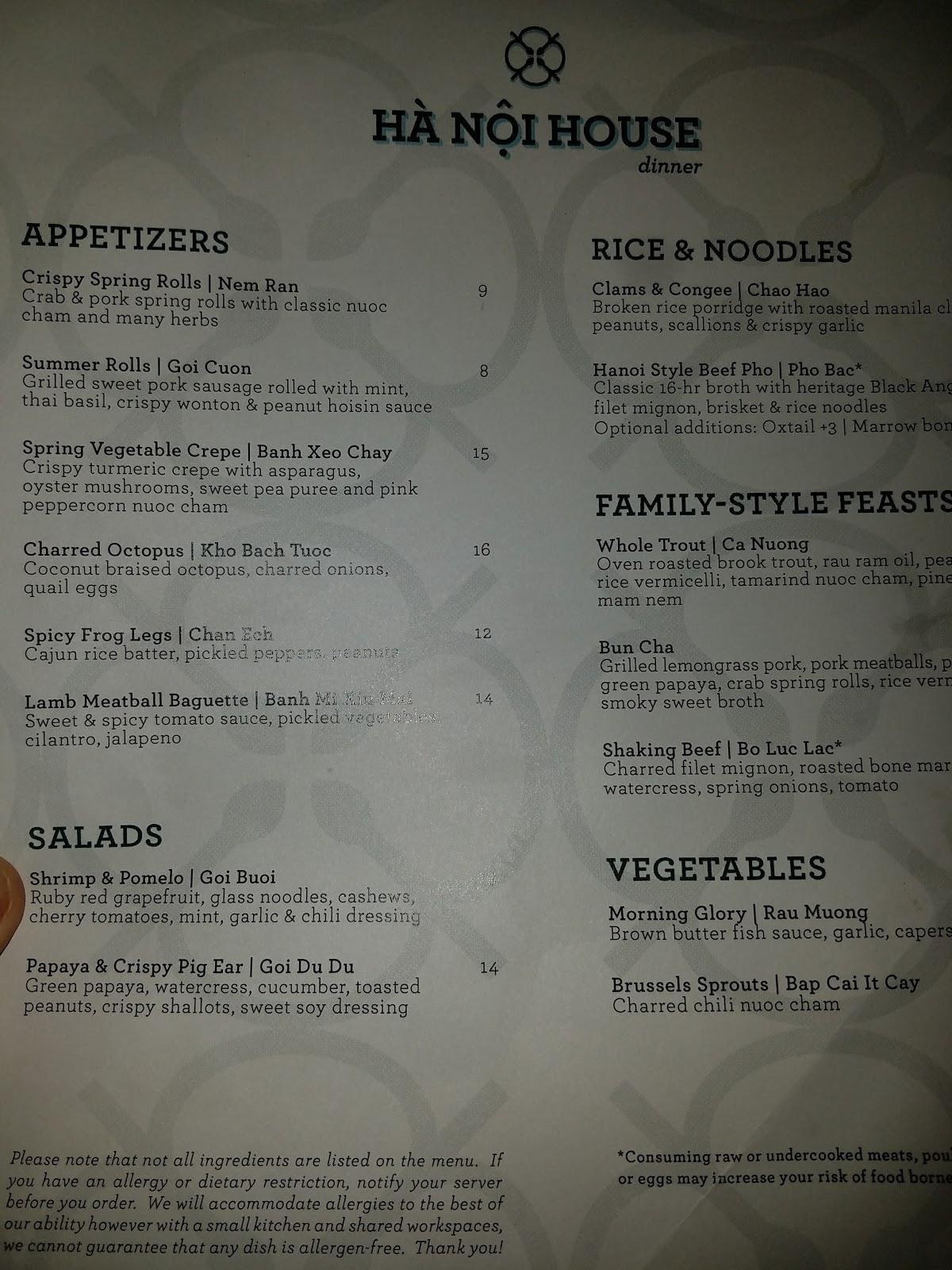 Carta del restaurante Hanoi House, Nueva York, 119 St Marks Pl
