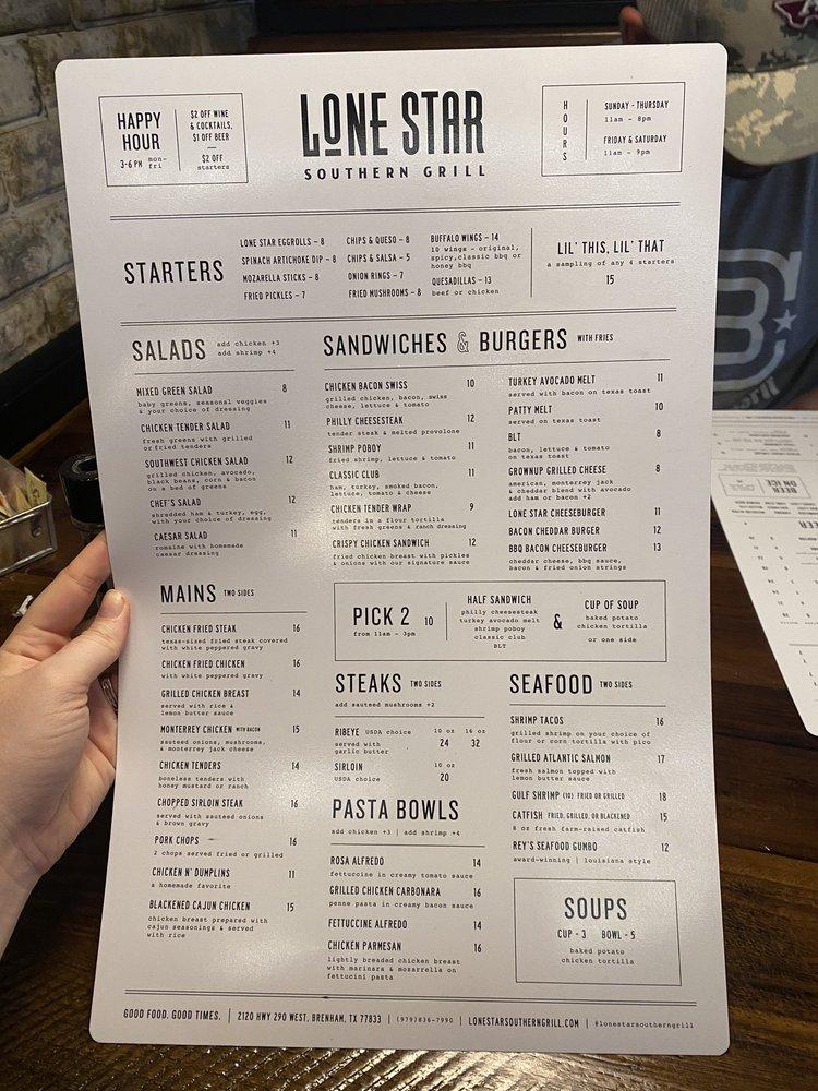 Menu at Lone Star Southern Grill steakhouse, Brenham
