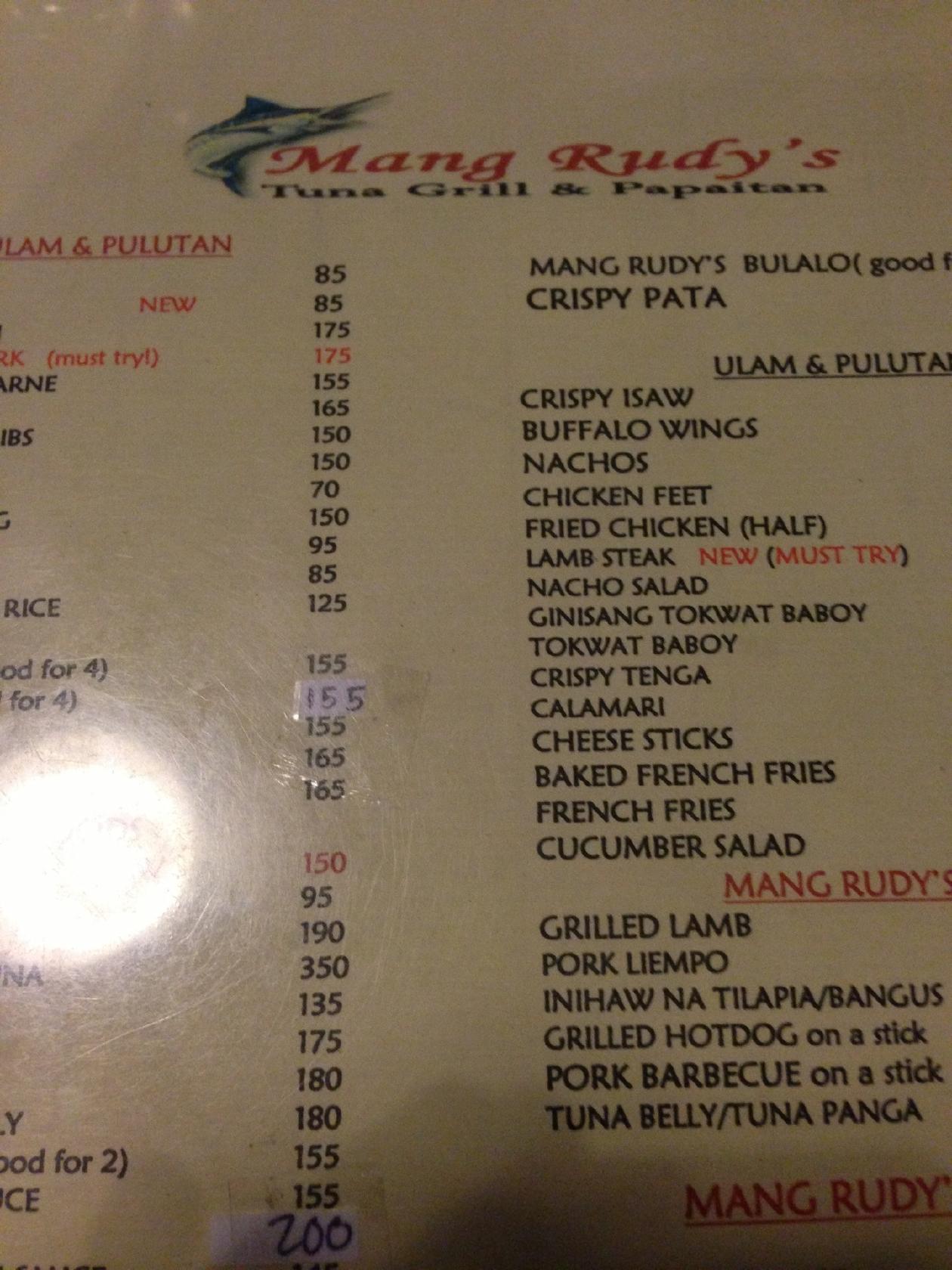 Menu at Mang Rudy's Tuna Grill & Papaitan pub & bar, Makati, Bagtikan ...