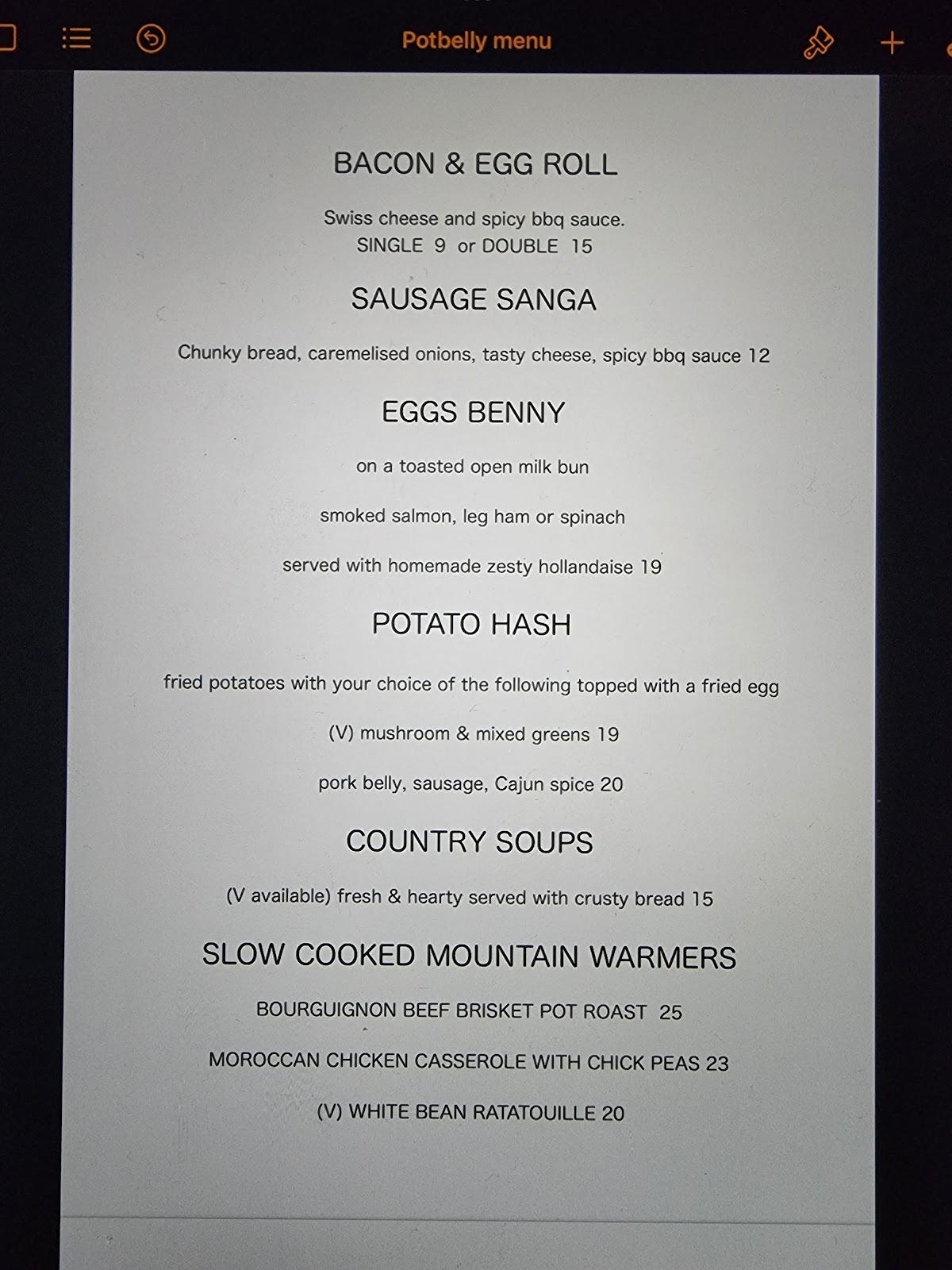 Menu at Potbelly at Medlow cafe, Medlow Bath
