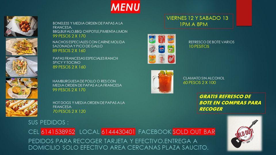 Carta de Sold Out Bar, Chihuahua, Barranca del cobre