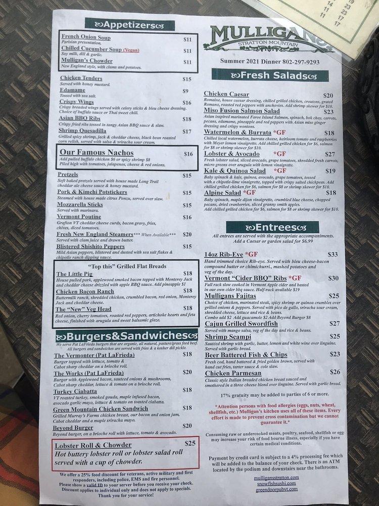 Menu at Mulligan's restaurant, Stratton