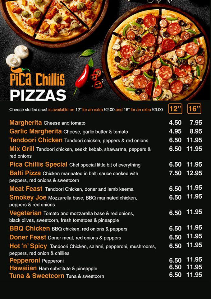 Menu at Pica Chillis pizzeria, Dewsbury