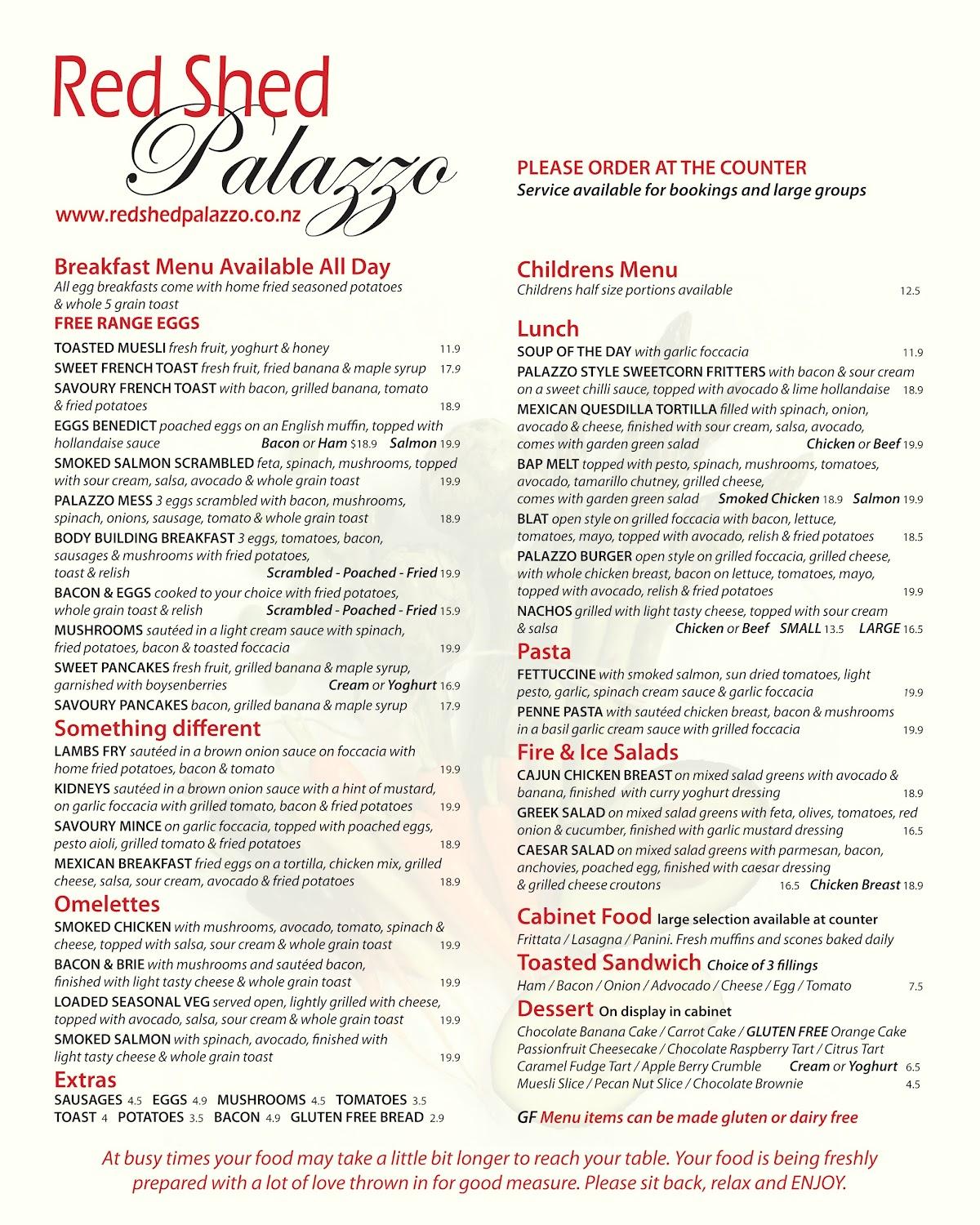Carta del café Red Shed Palazzo, Auckland, 16 Jesmond Rd