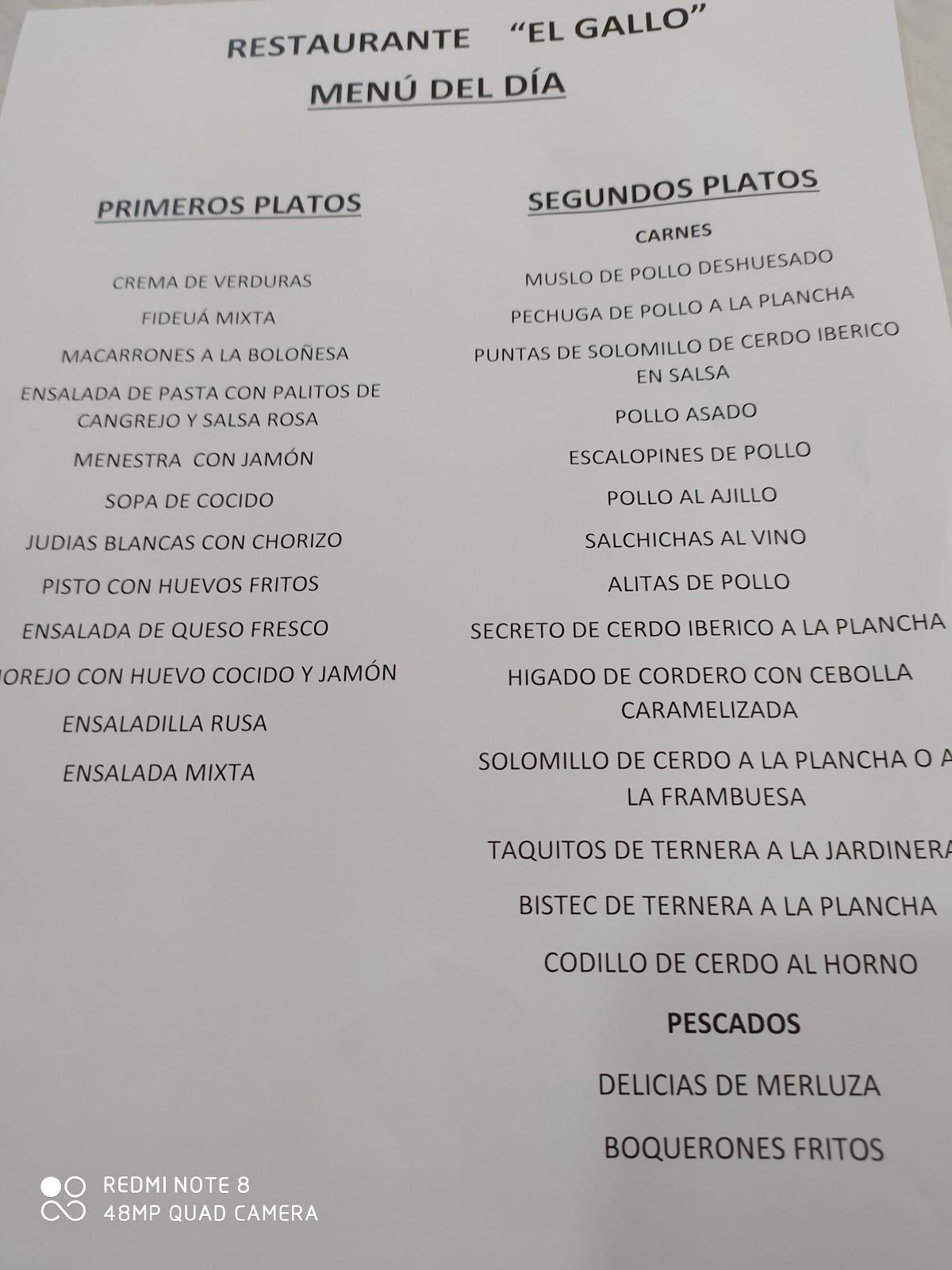 Carta de Restaurante "El Gallo", Casar de Cáceres, Autovía Ruta de la Plata