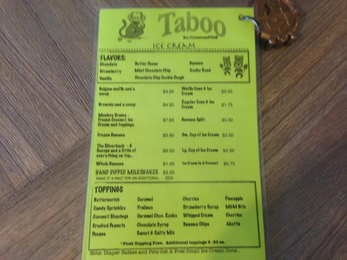 Menu at Taboo Grill Gourmet Burgers and Ice Cream. restaurant, Laurie