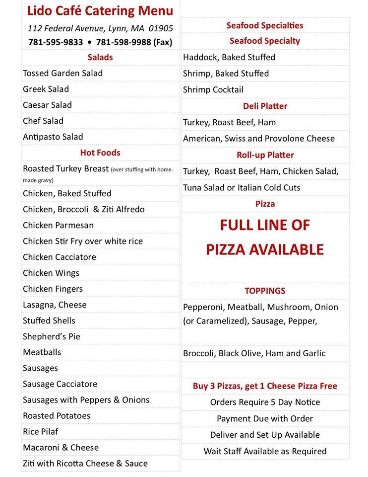Menu at The Lido Cafe, Lynn, 112/1 N Federal St