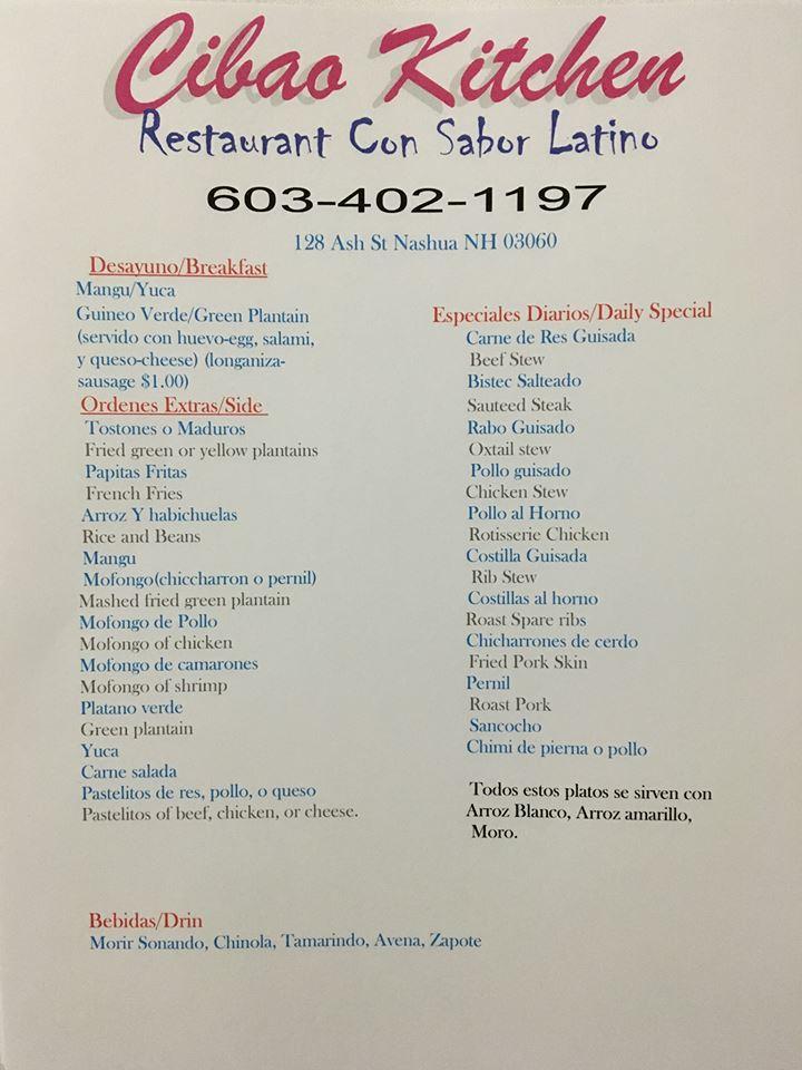 Menu at Cibao Kitchen restaurant, Nashua, 130 Ash St