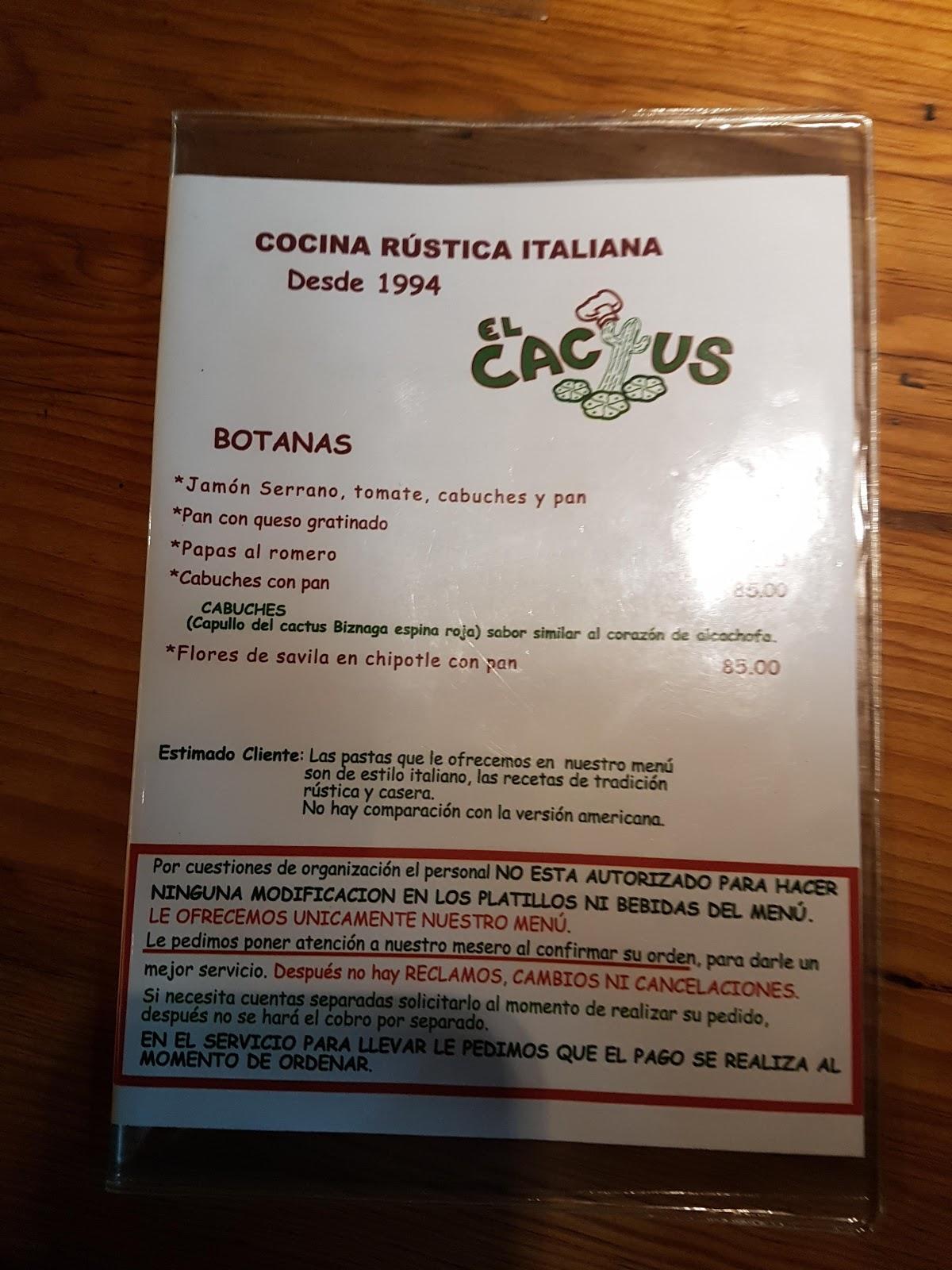 Carta del restaurante El cactus, Real del Catorce