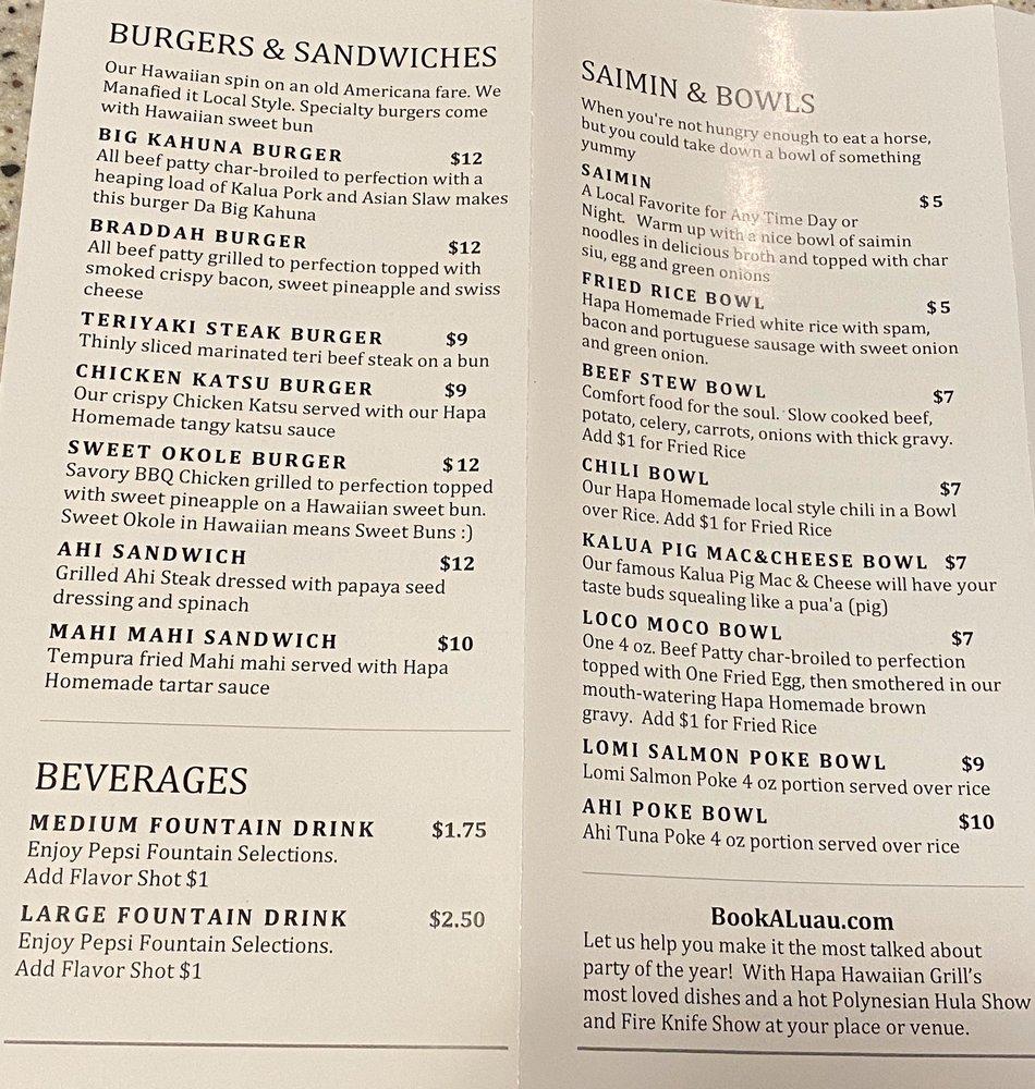 Menu at Hapa Hawaiian Grill restaurant, Pittsburgh