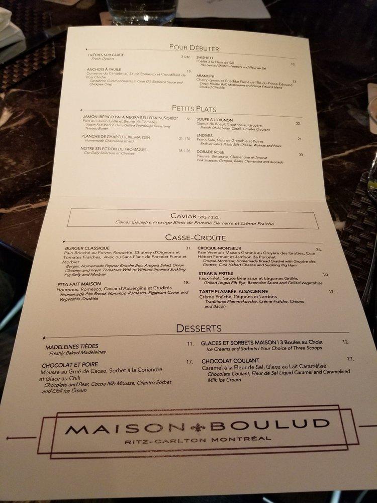 Menu at Maison Boulud restaurant, Montréal