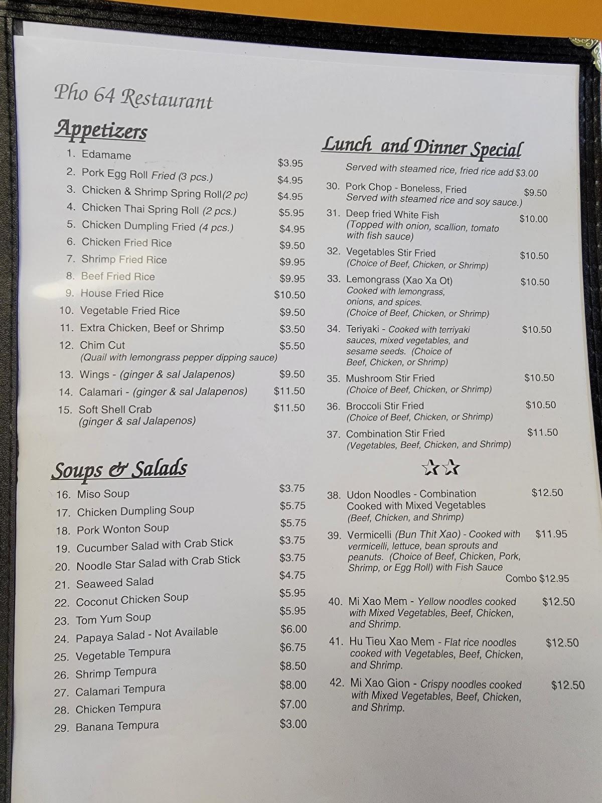 Menu at Pho 64 restaurant, Bartlett, Stage Rd