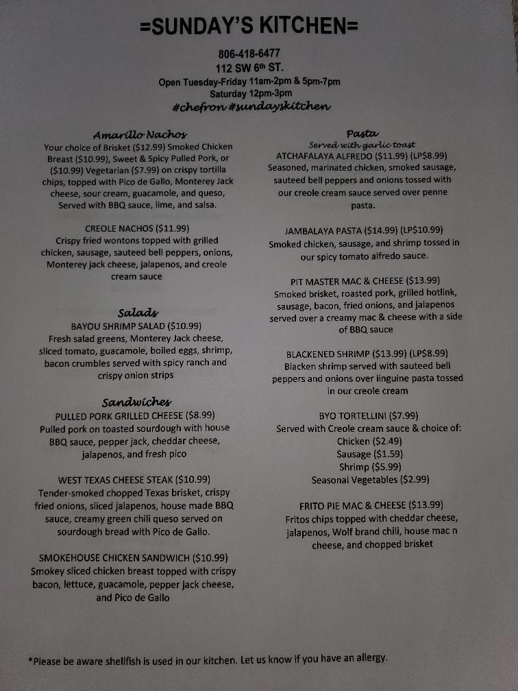 Menu at Sunday's Kitchen restaurant, Amarillo