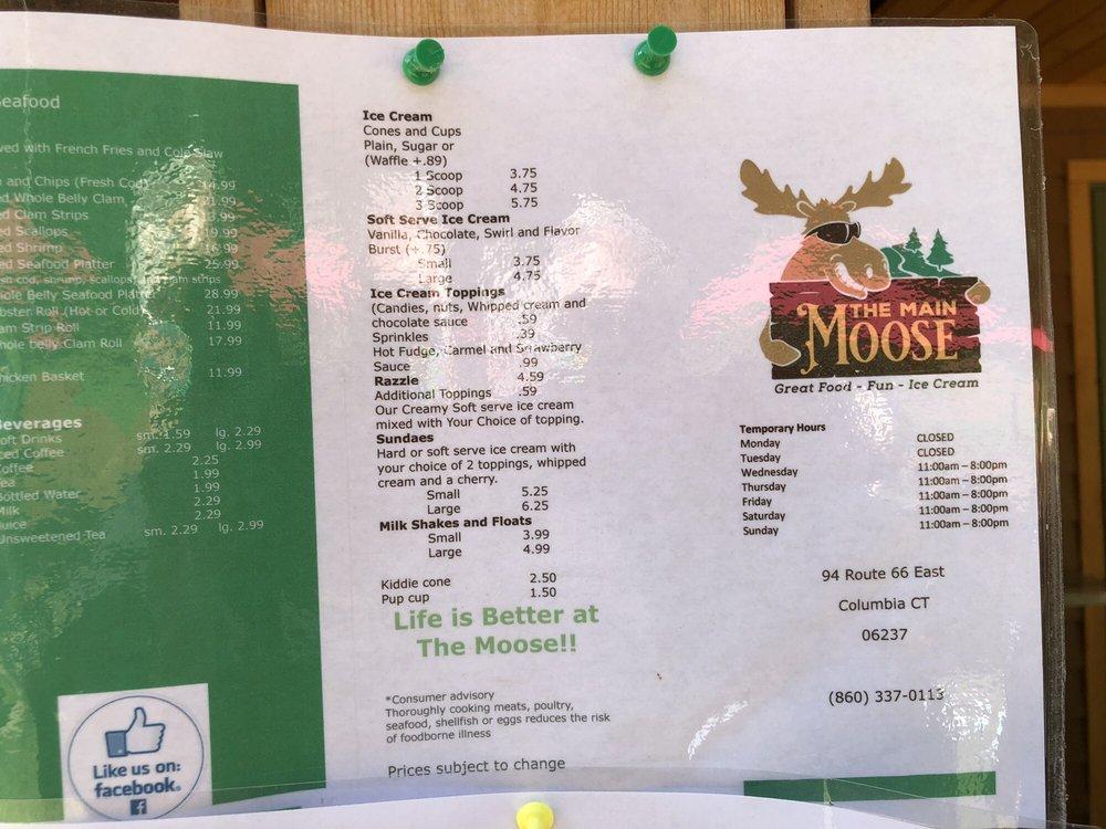 Menu at The Main Moose restaurant, Columbia, 94 CT-66