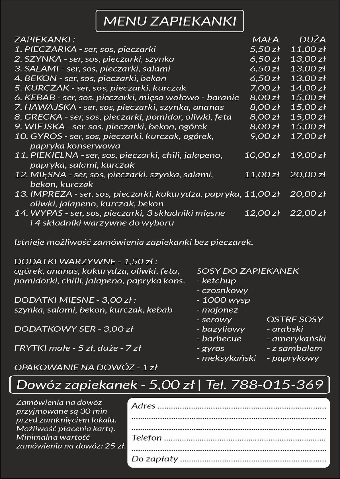 Menu at Zapiekarnik restaurant, Tczew, Jakuba Jasińskiego 2E