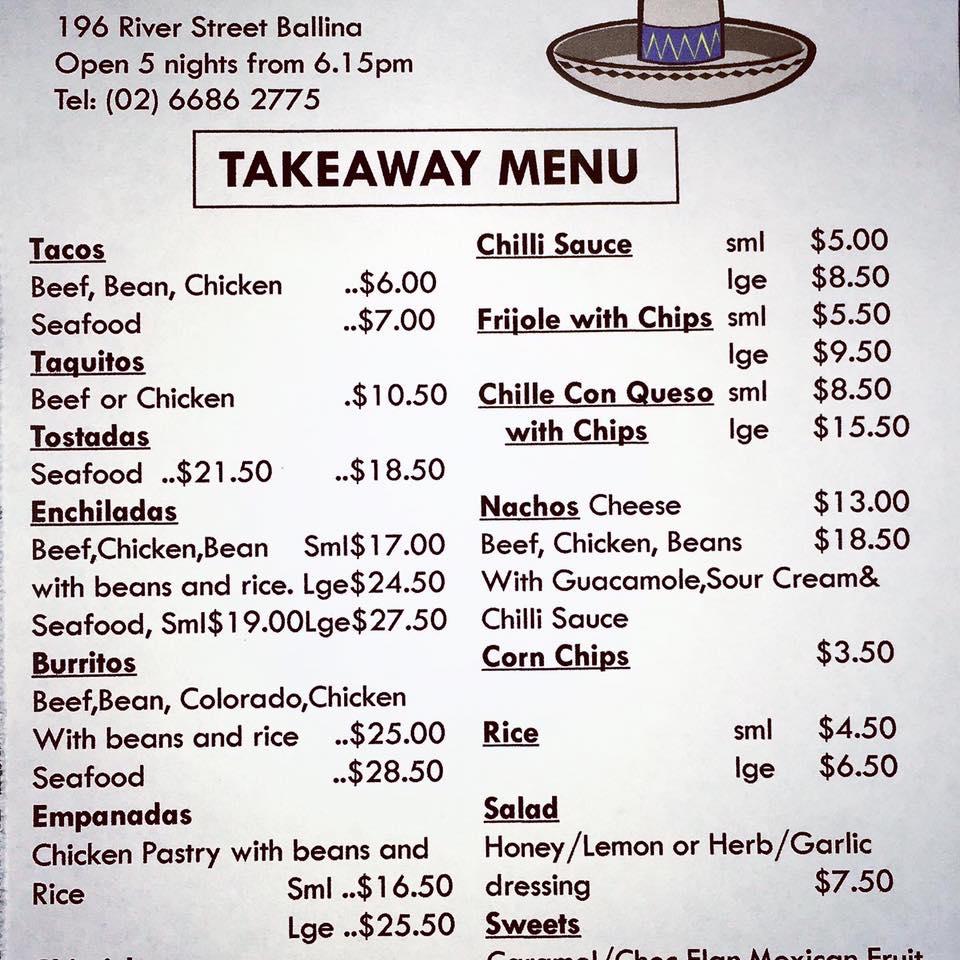 Menu at Mexican Del Rio restaurant, Ballina
