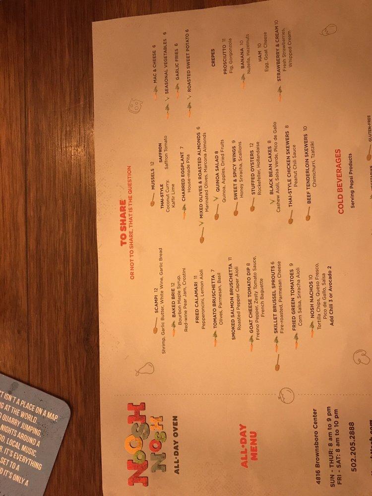 Menu at Noosh Nosh pizzeria, Louisville