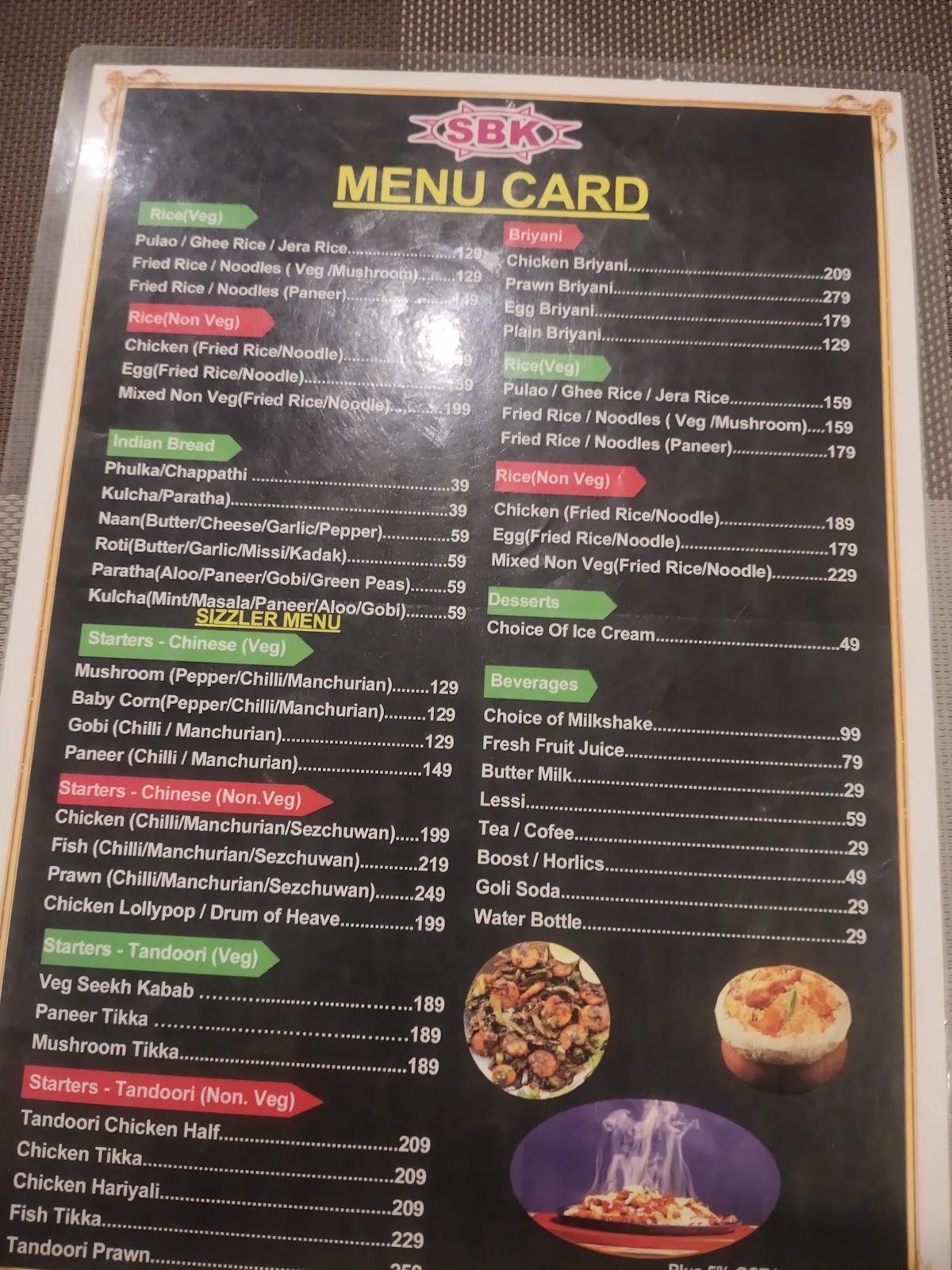 Menu at SBK Restaurant, Kanchipuram