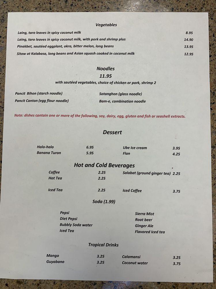 Menu at Tambayan Filipino Eatery restaurant, Santa Rosa