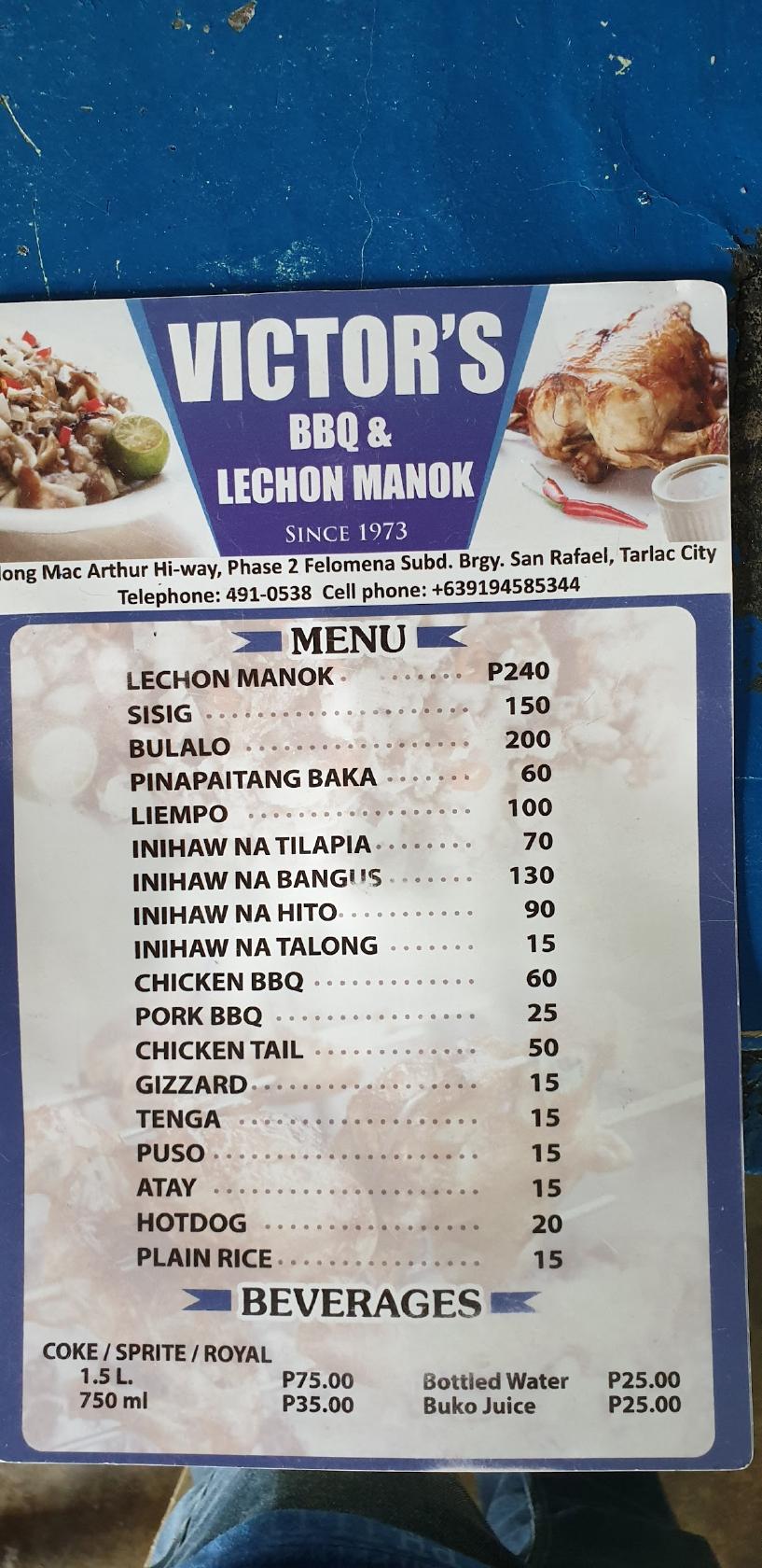 Menu at Victor's Barbeque & Lechon Manok, Tarlac City