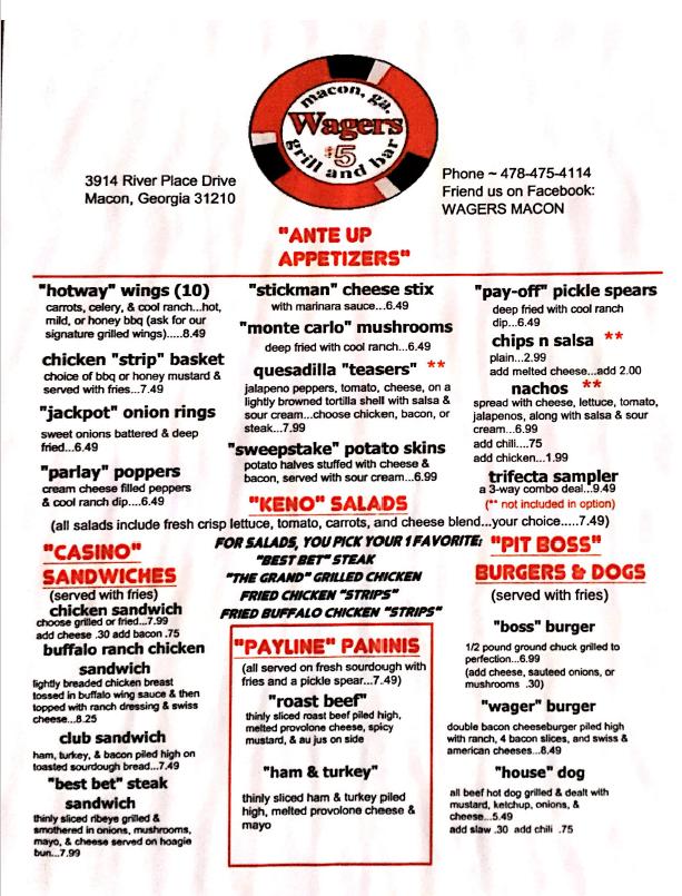 Menu at Wagers Grill and Bar, Macon