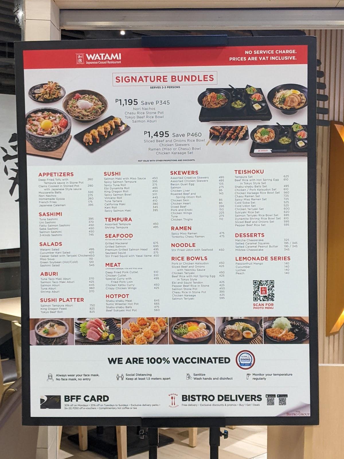 Carta de Watami Grill & Sushi Bar, Ciudad Quezon