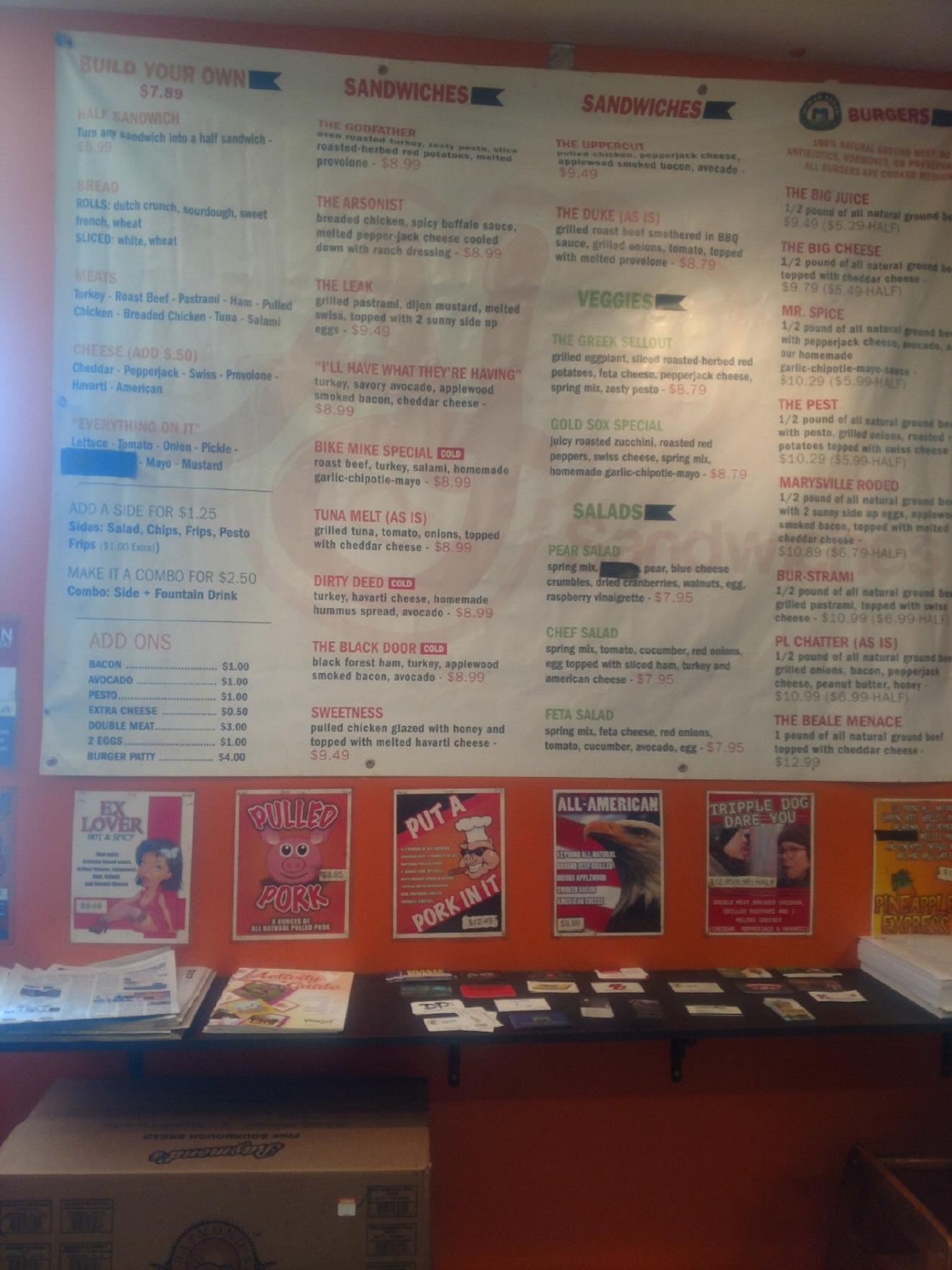 Menu at AJ's Sandwiches restaurant, Marysville