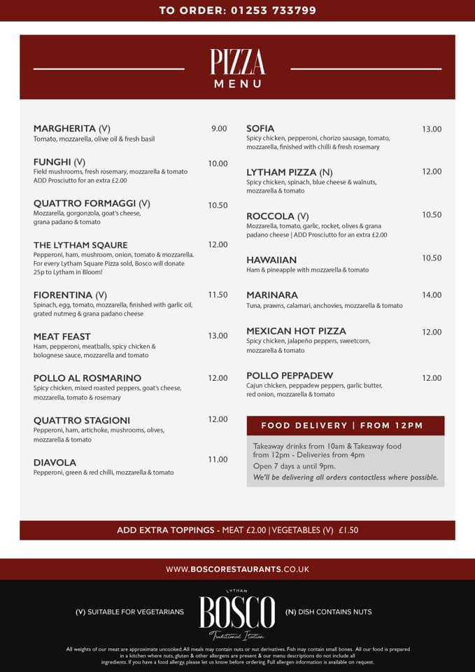 Menu at Bosco Restaurant, Lytham Saint Annes