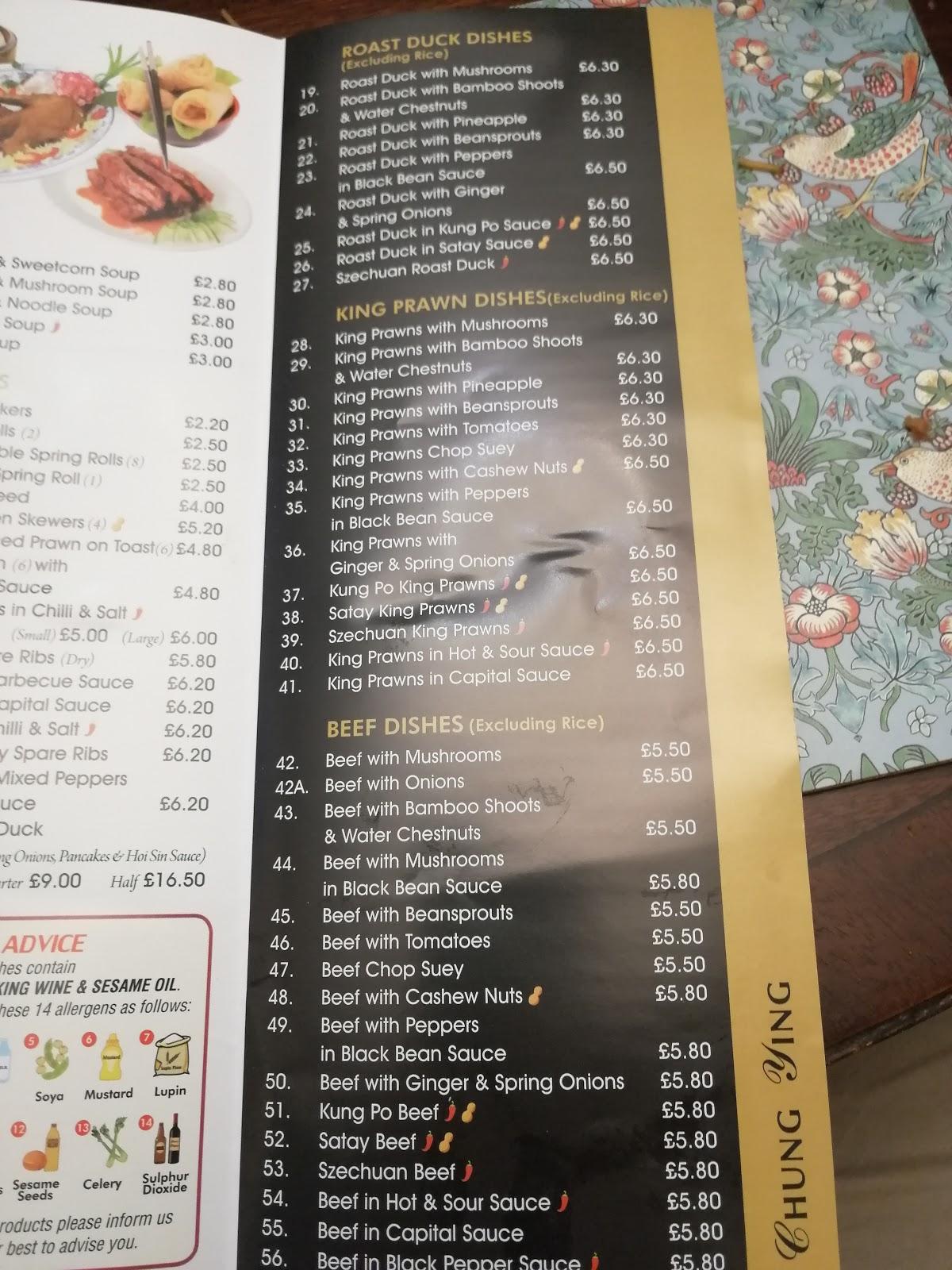 Menu at Chung Ying fast food, Worcester, 154 London Rd