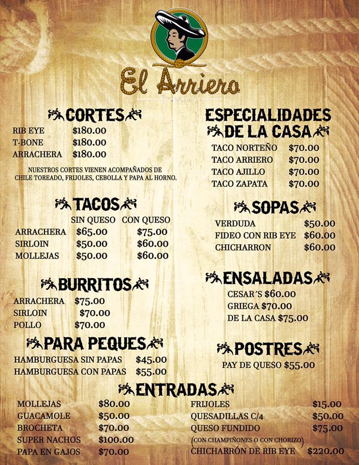 Menu at El Arriero restaurant, Ciudad Acuña