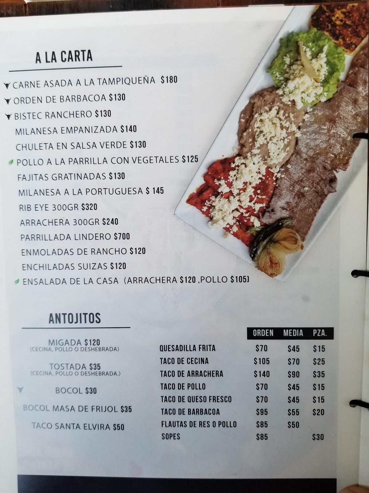 Carta del restaurante El Lindero Universidad, Tampico