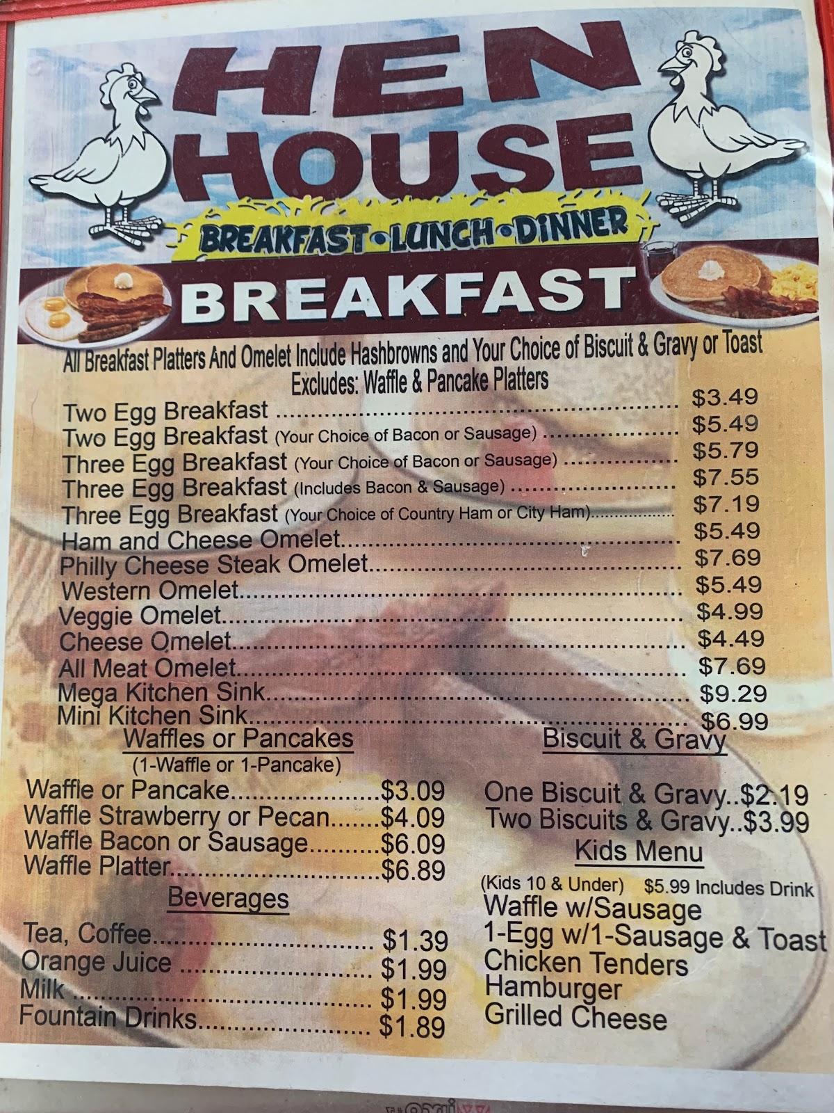 Menu at Hen House cafe, Ripley, 250 South Washington St