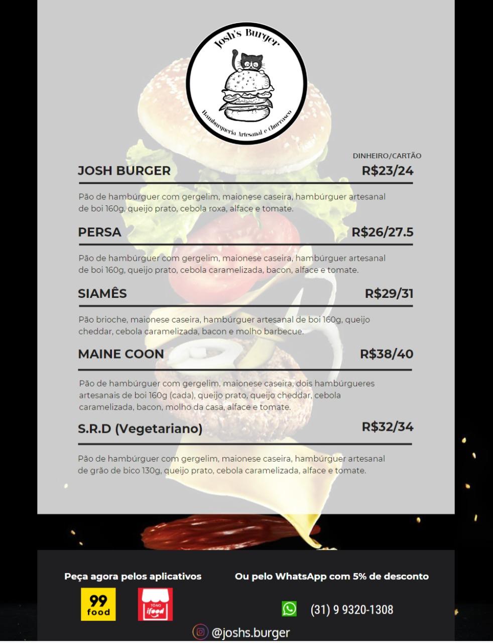 Menu at Josh's Burger restaurant, Belo Horizonte