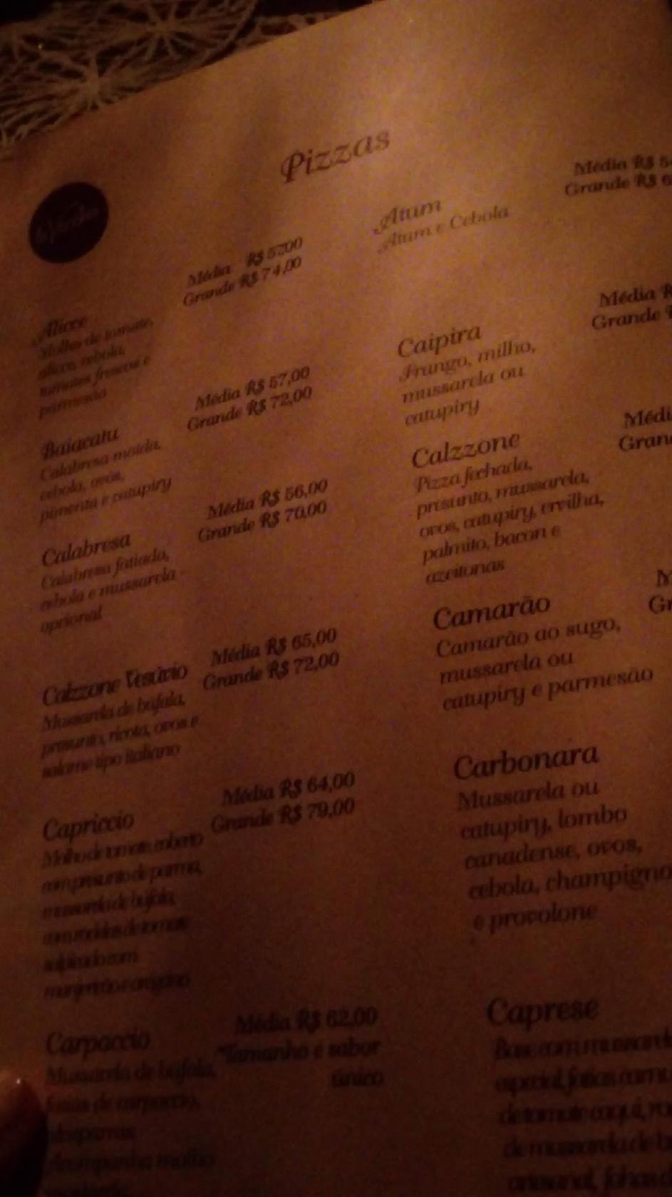 Menu at La Vecchia pizzeria, Aracaju