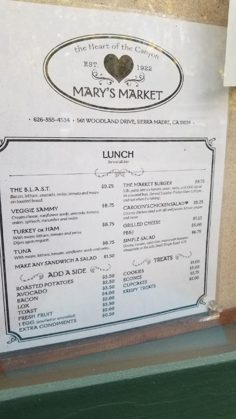 Menu at Mary's Market restaurant, Sierra Madre