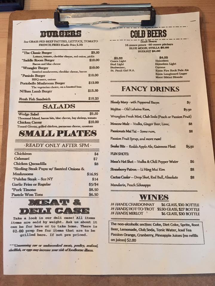 Menu at The Saddle Room pub & bar, Waimea, Kaumualii Hwy