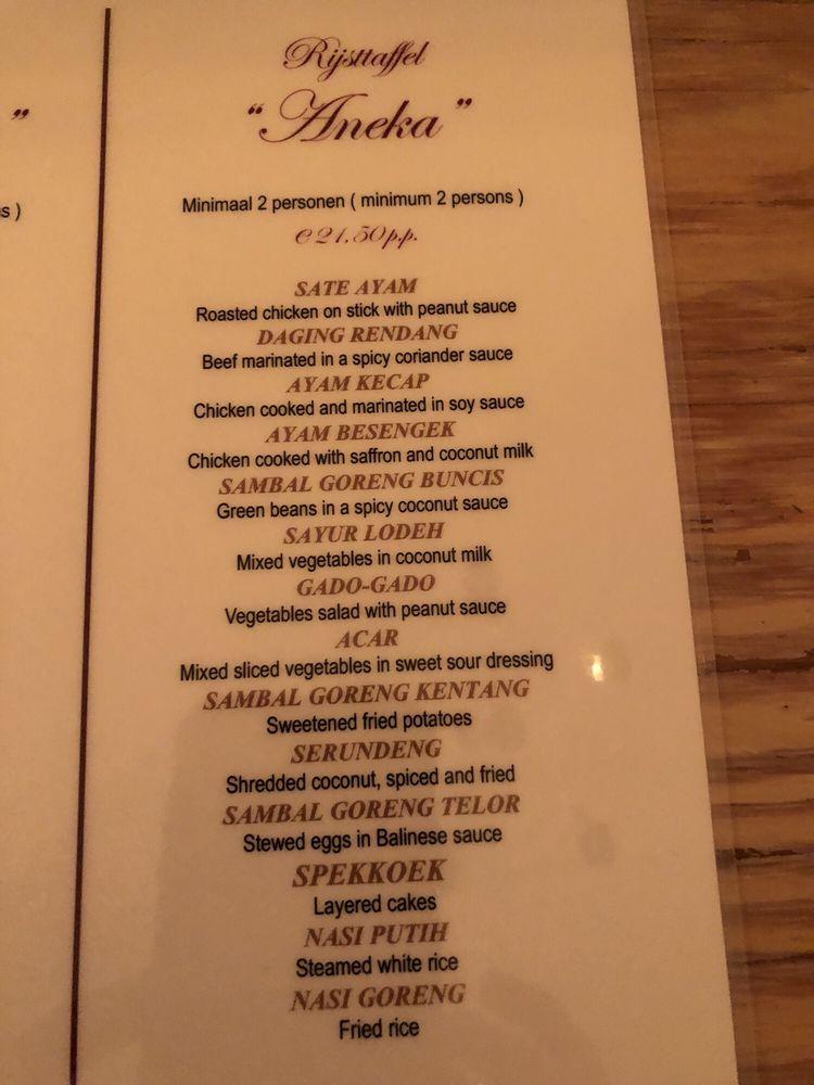 Menu at Aneka Rasa Restaurant, Amsterdam