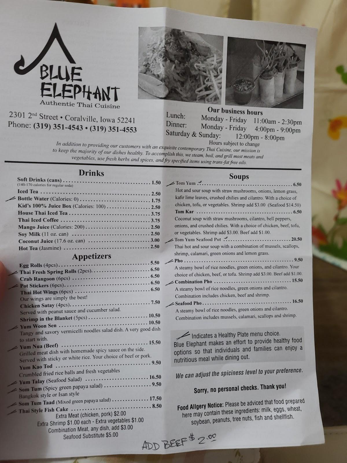 Menu at Blue Elephant Thai Restaurant, Coralville