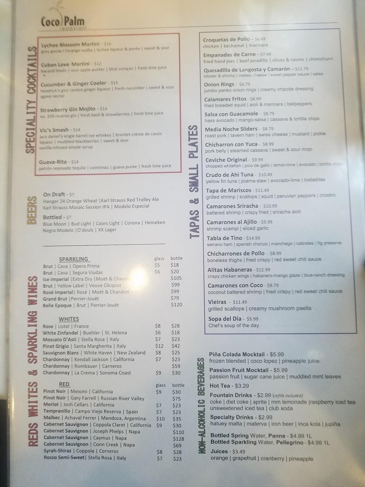 Menu at Coco Palm Restaurant, Pomona