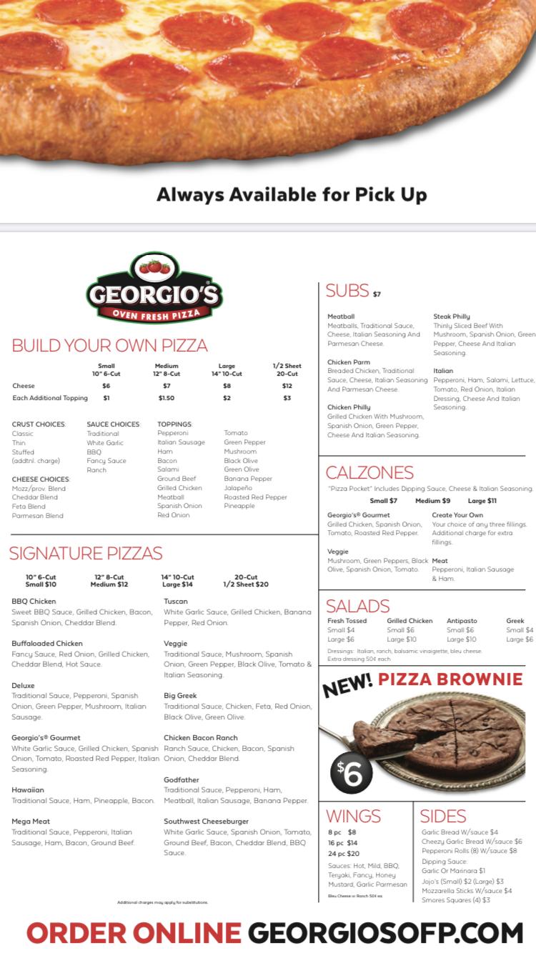 Menu at Georgio's Oven Fresh Pizza Co pizzeria, Chardon