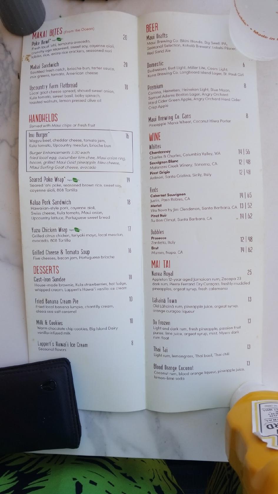 Menu at Inu Pool Bar, Lahaina